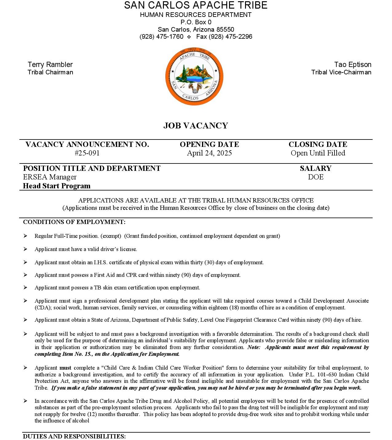 ERSEA Manager- Head Start Program | SAN CARLOS APACHE TRIBE - OFFICIAL ...