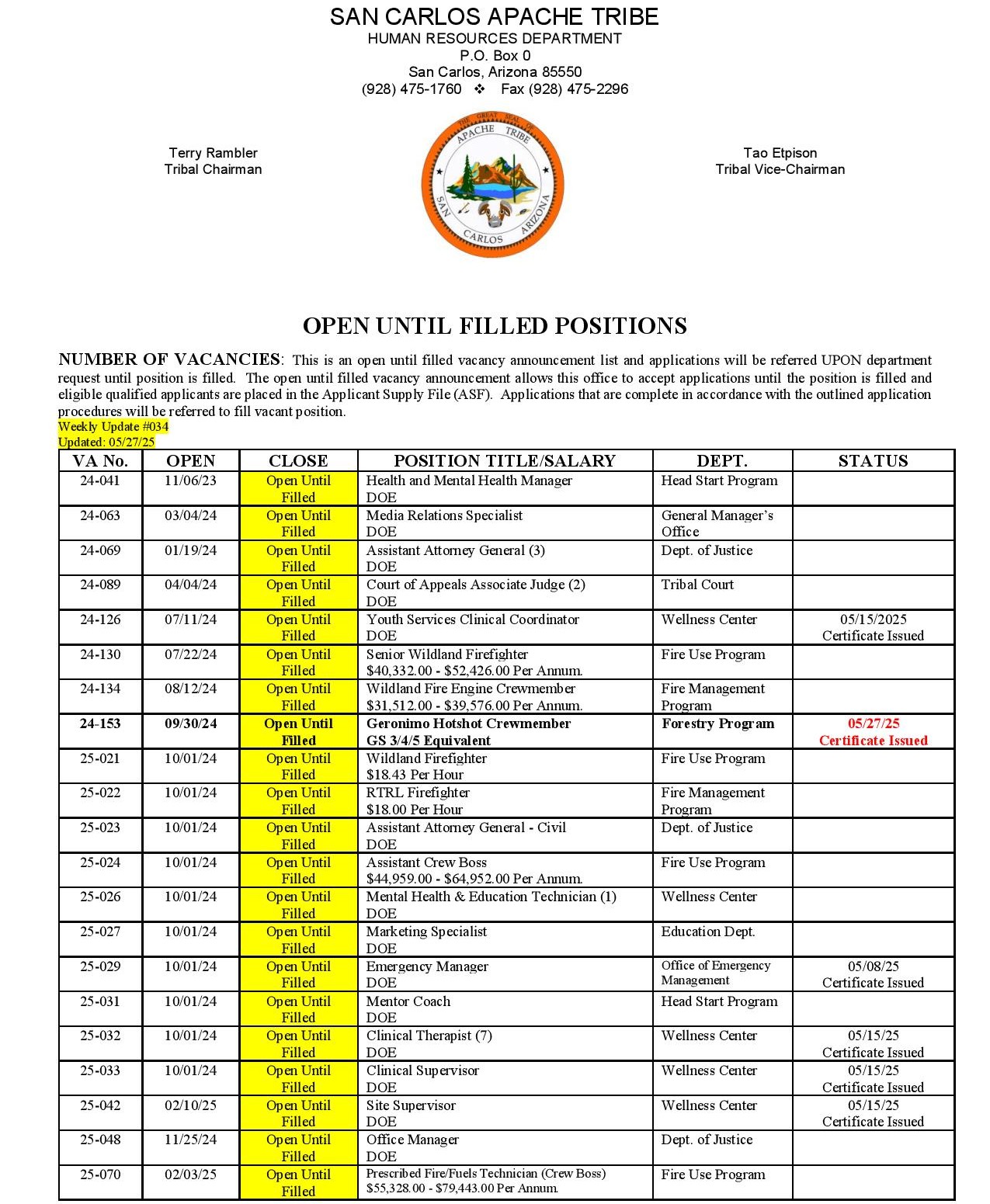 Open Until Filled Positions | SAN CARLOS APACHE TRIBE - OFFICIAL WEBSITE