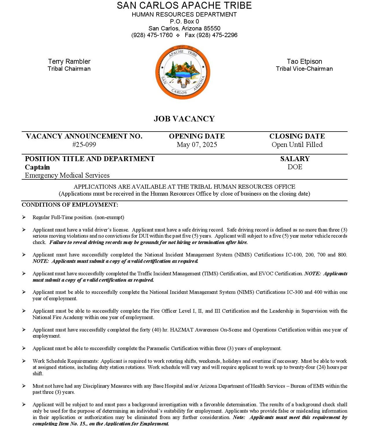 Captain - Emergency Medical Services | SAN CARLOS APACHE TRIBE ...