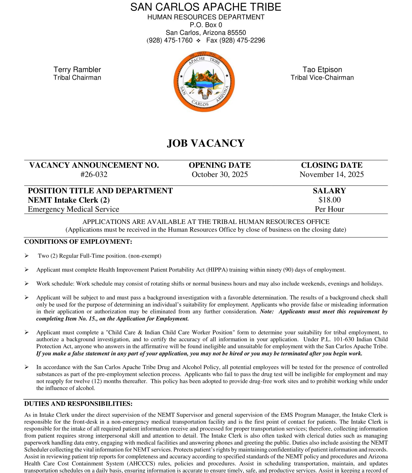 NEMT Intake Clerk (2) -Emergency Medical Services | SAN CARLOS APACHE ...