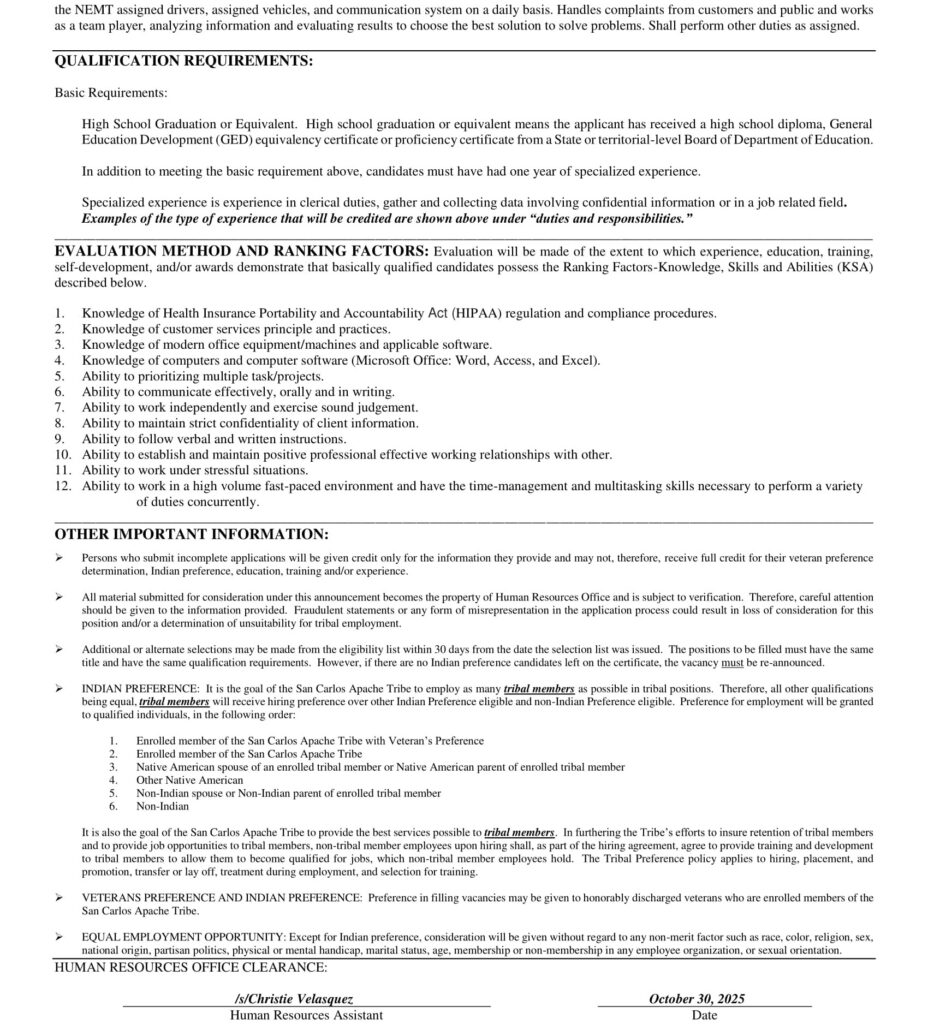 NEMT Intake Clerk (2) -Emergency Medical Services | SAN CARLOS APACHE ...