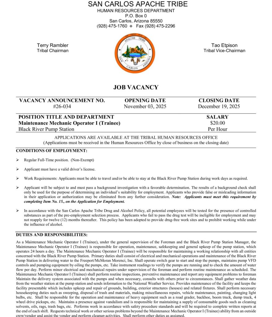 Vacancy Maintenance Mechanic Operator 1 (Trainee) | SAN CARLOS APACHE ...