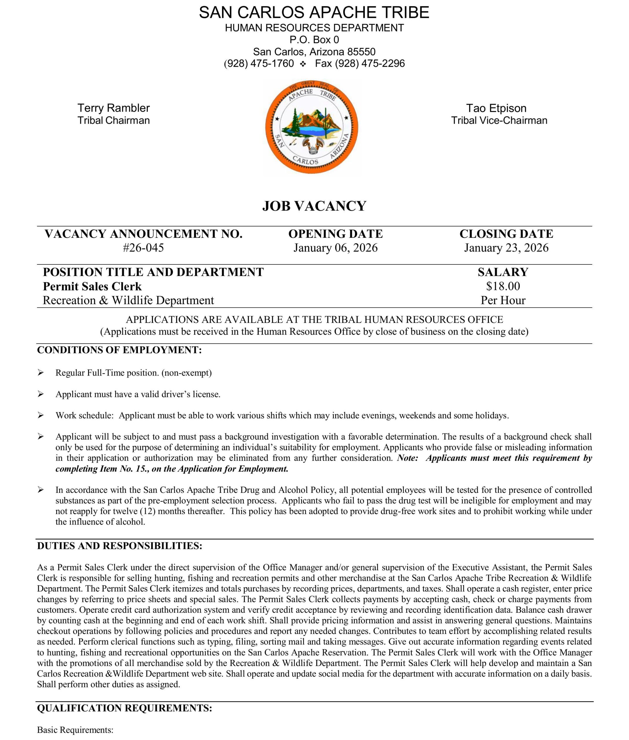 Vacancy Announcement - Permit Sales clerk - Recreation & Wildlife ...