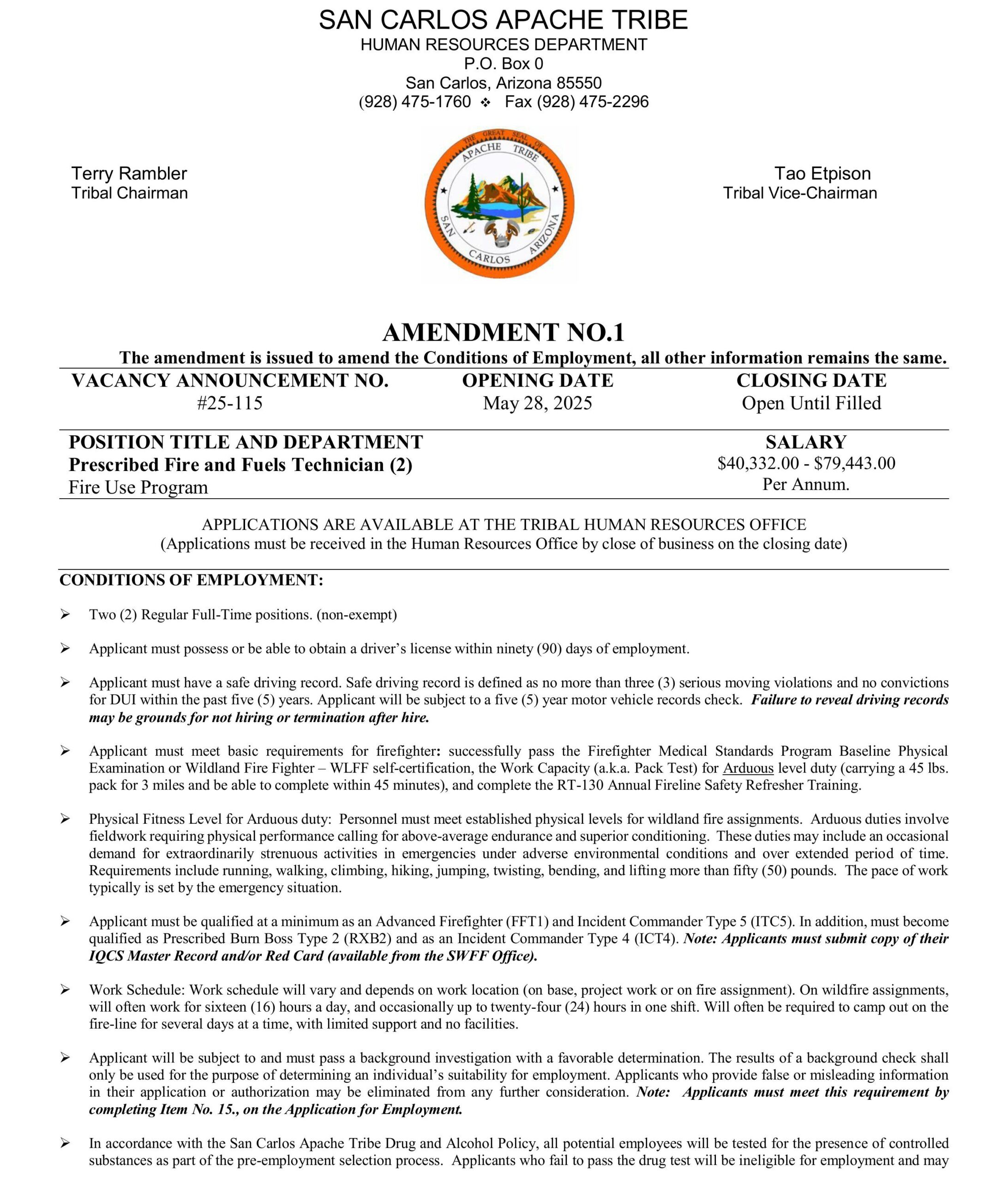 Prescribed fire and fuels Technician(2) -Fire Use Program | SAN CARLOS ...